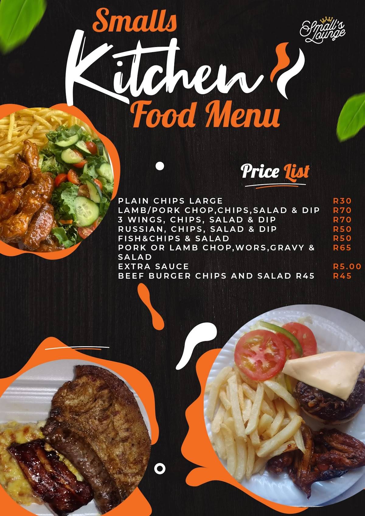 Menu at Small's Lounge pub & bar, Bloemfontein