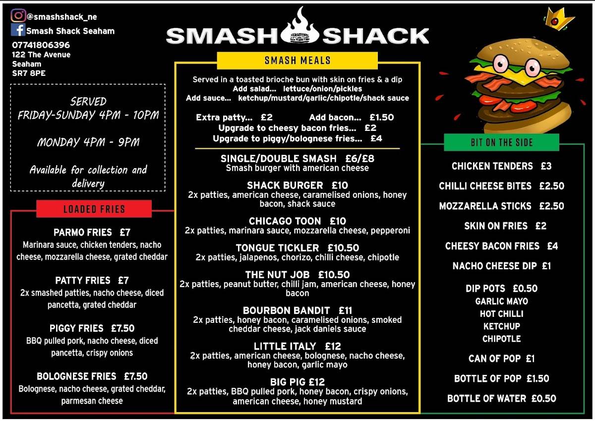 Menu at Smash Shack restaurant, Seaham