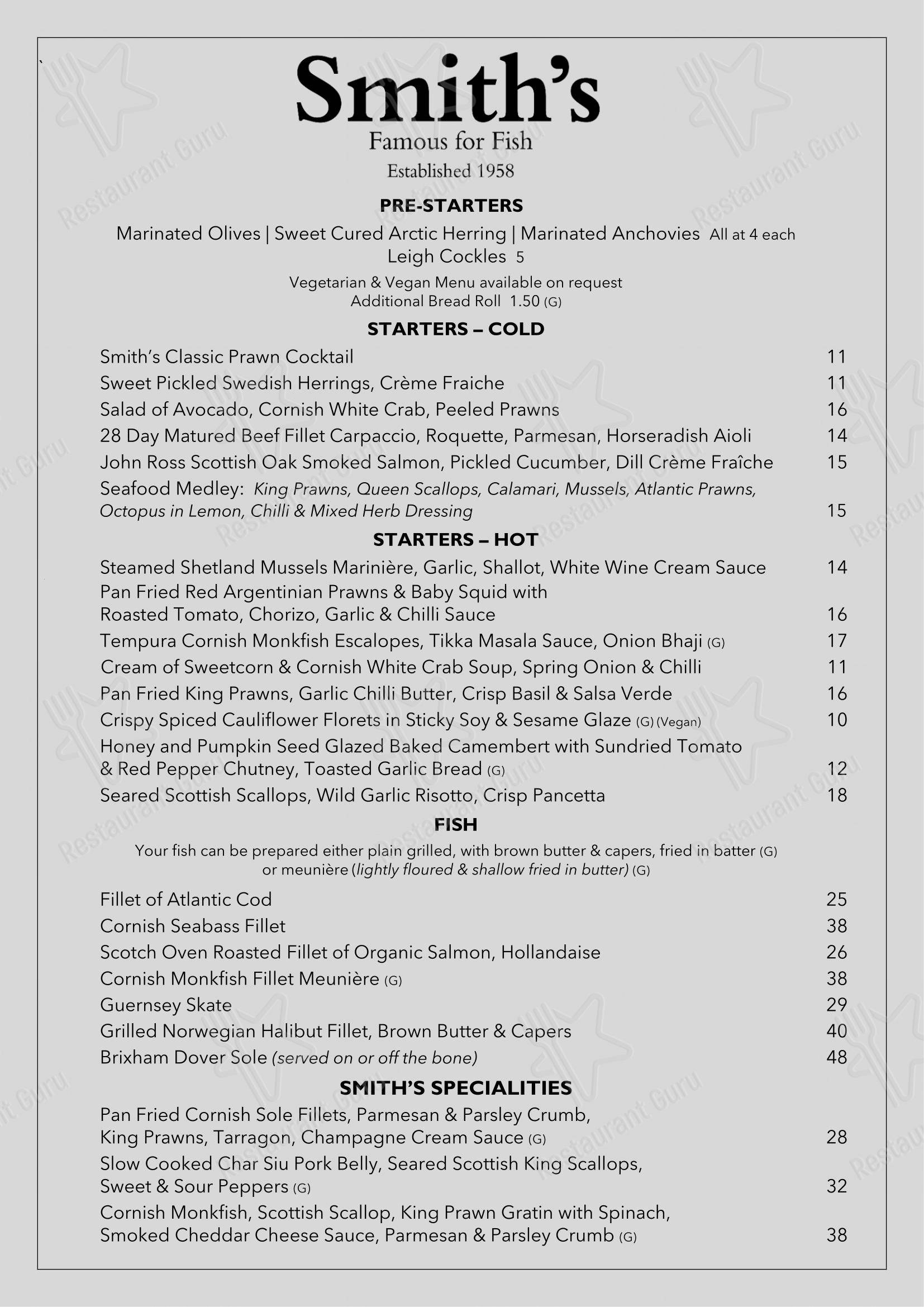 Menu at Smith's of Ongar restaurant, Ongar