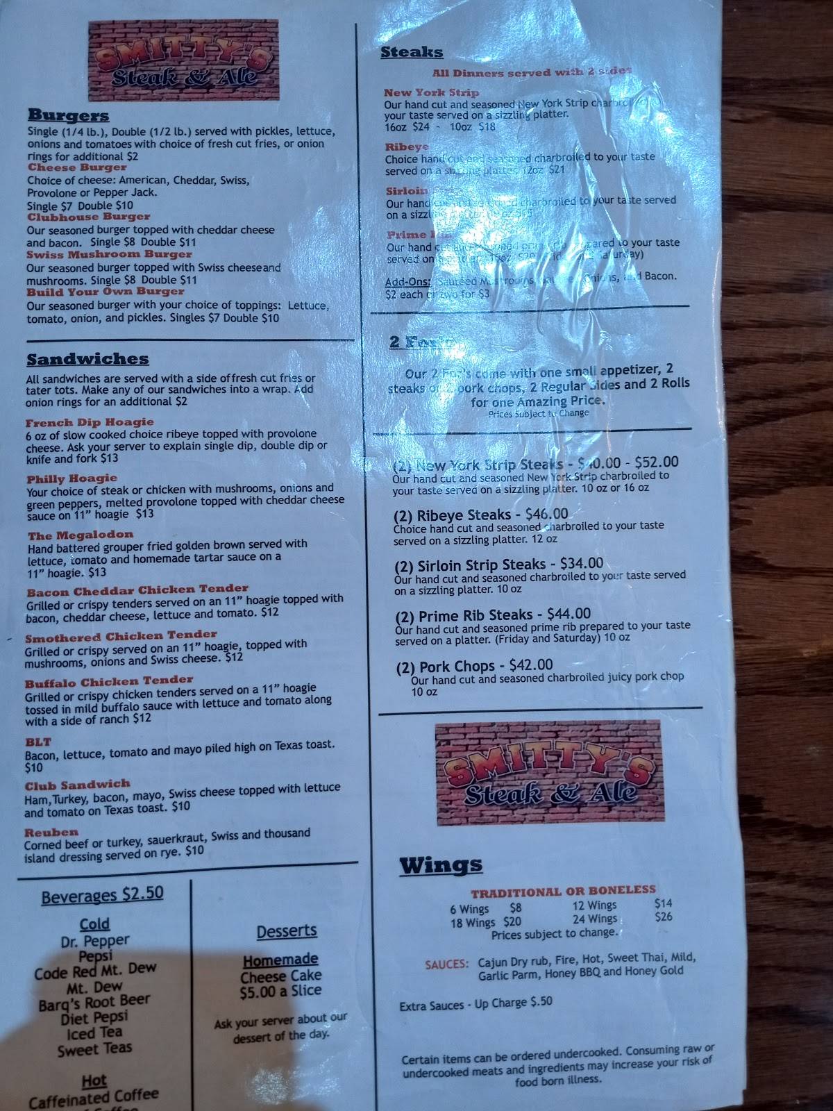 Menu at Smitty's Steak & Ale steakhouse, Massillon