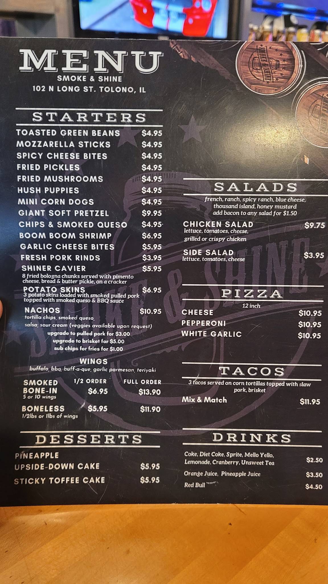 Menu at Smoke & Shine pub & bar, Tolono