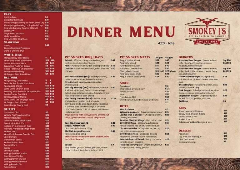 Menu at Smokey J's restaurant, Coolalinga