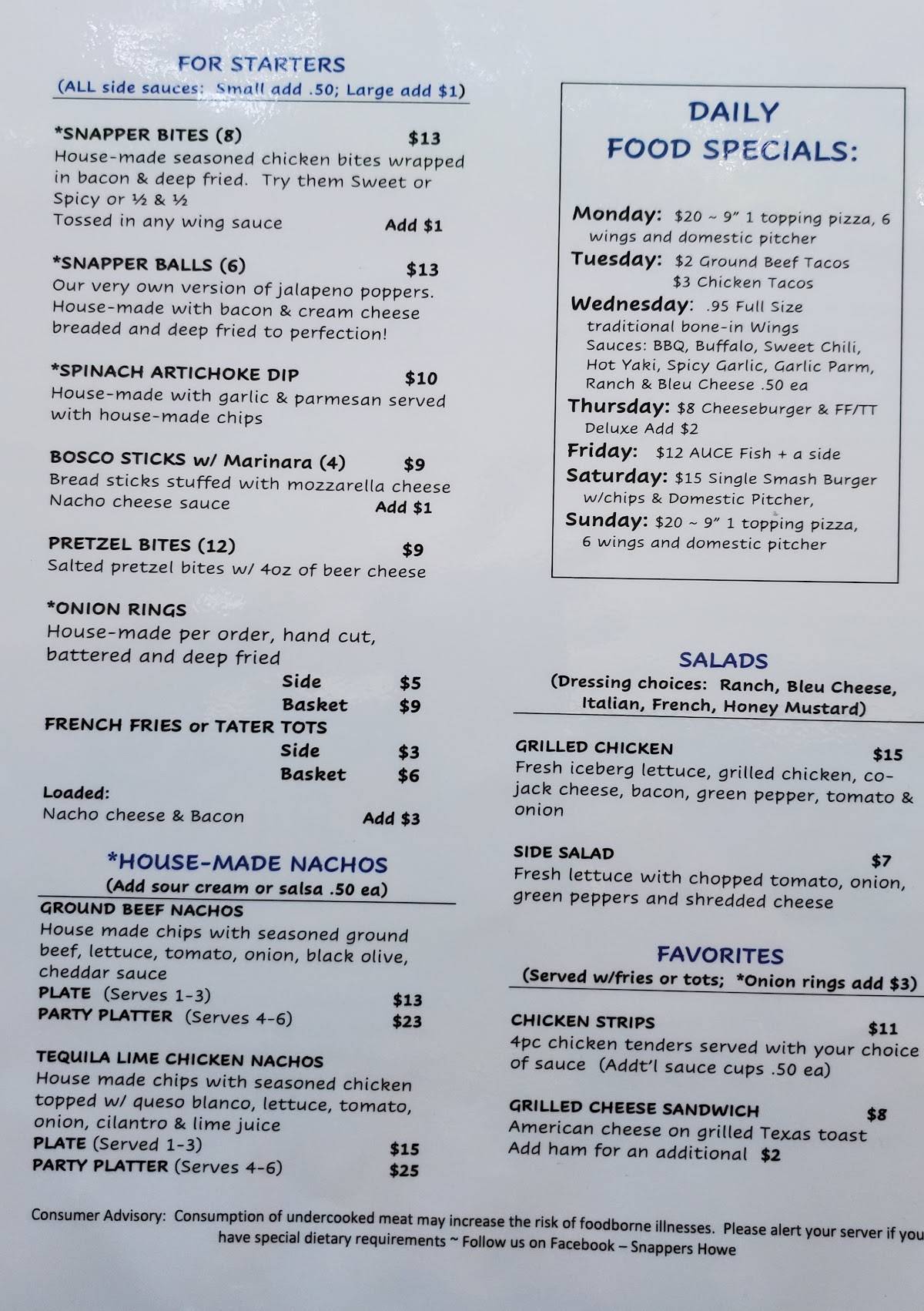 Menu at Snappers Sports Bar Howe, Howe