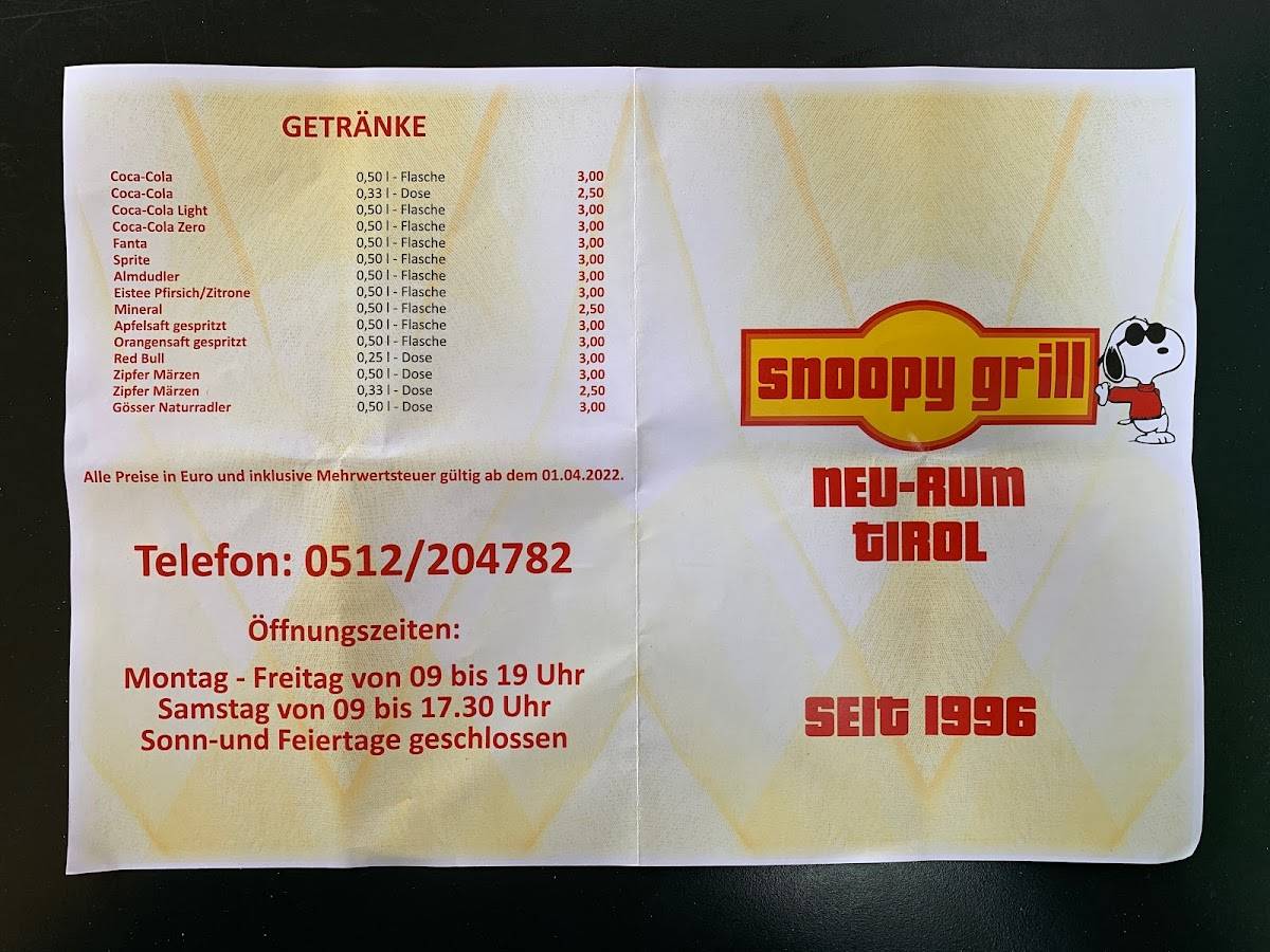 Speisekarte von Snoopy Grill fast Food, Rum