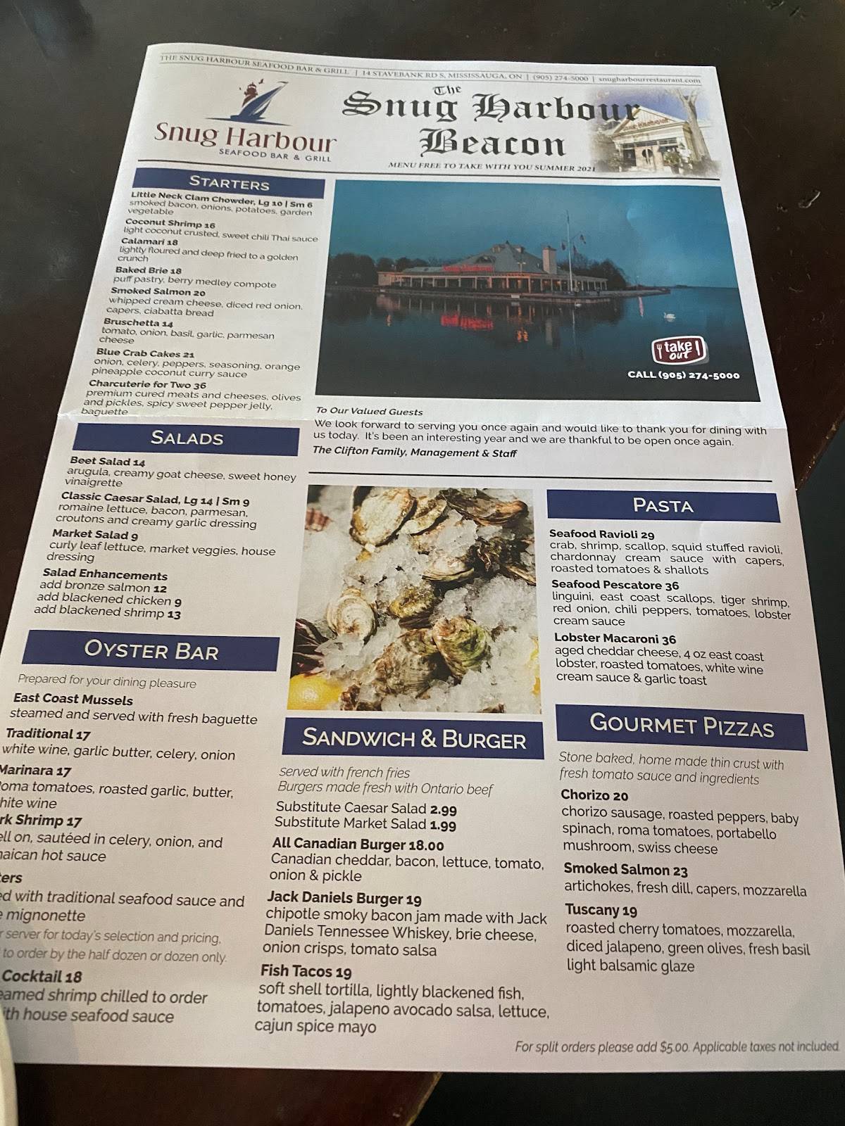 Menu at Snug Harbour Seafood Bar and Grill, Mississauga