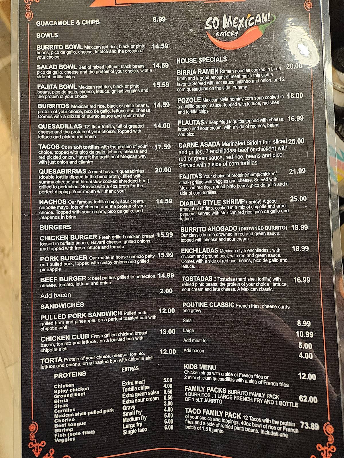 Menu at So Mexican Eatery restaurant, Simcoe