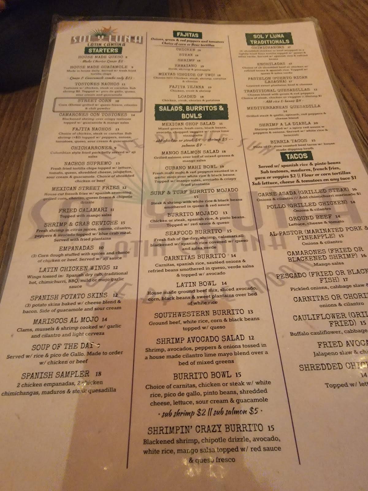 Menu at Sol y Luna pub & bar, Myrtle Beach