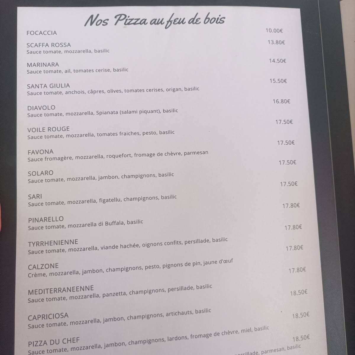 Carta del restaurante La Voile Rouge, Solaro