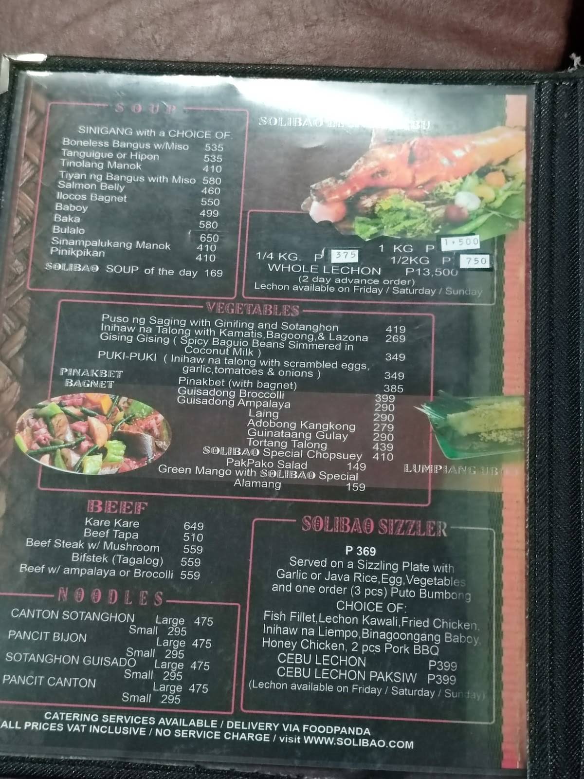 Menu at Solibao Restaurant, Baguio, Lake Dr