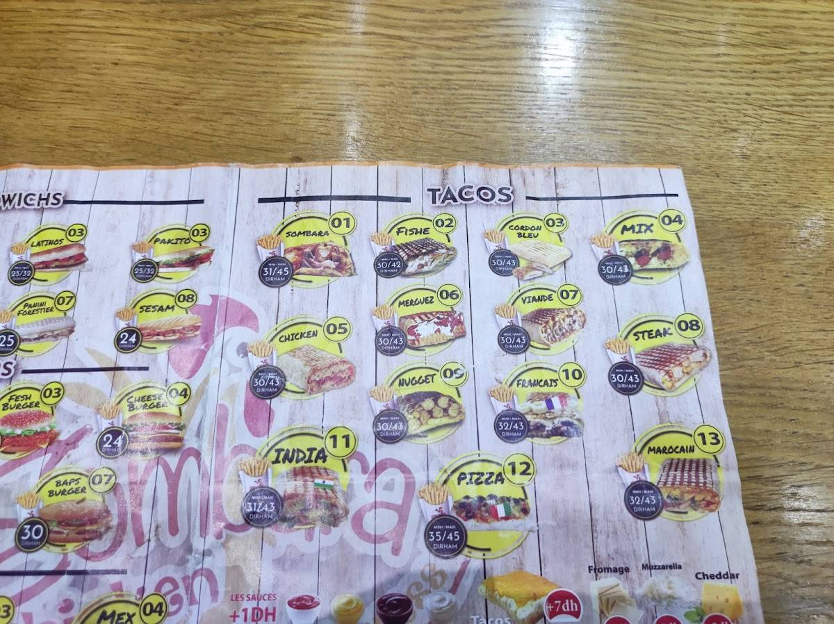 Menu au Sombara Chicken Tanger, Tanger