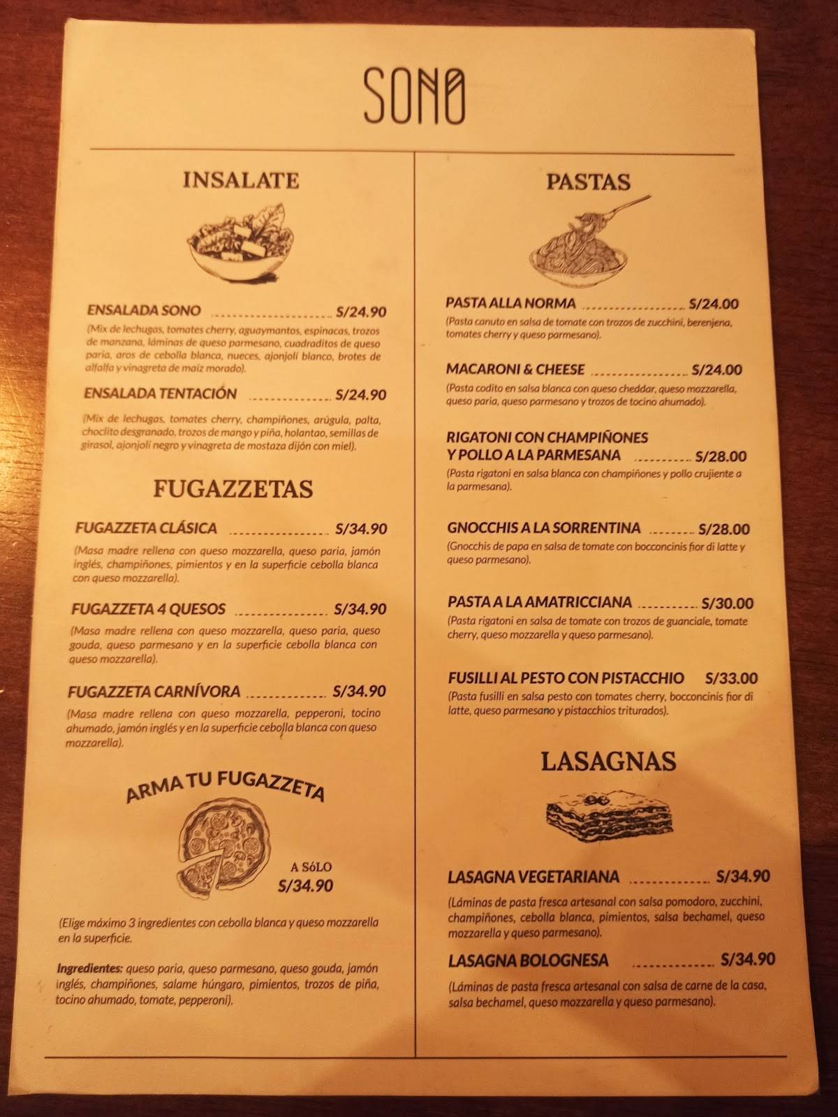 Carta del restaurante Sono, Arequipa