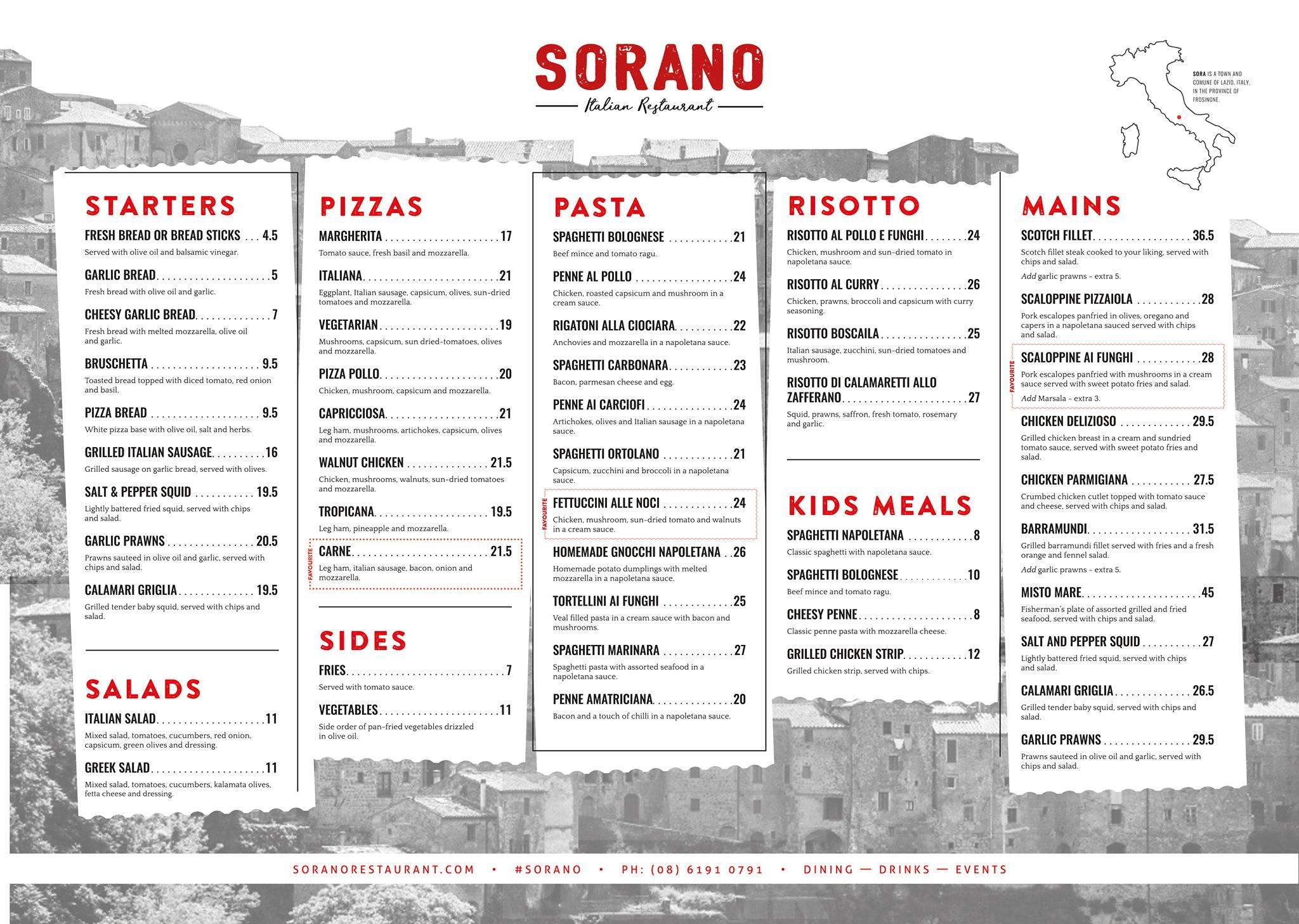 Menu at Sorano Restaurant, Cockburn Central, 134/2 Signal Terrace