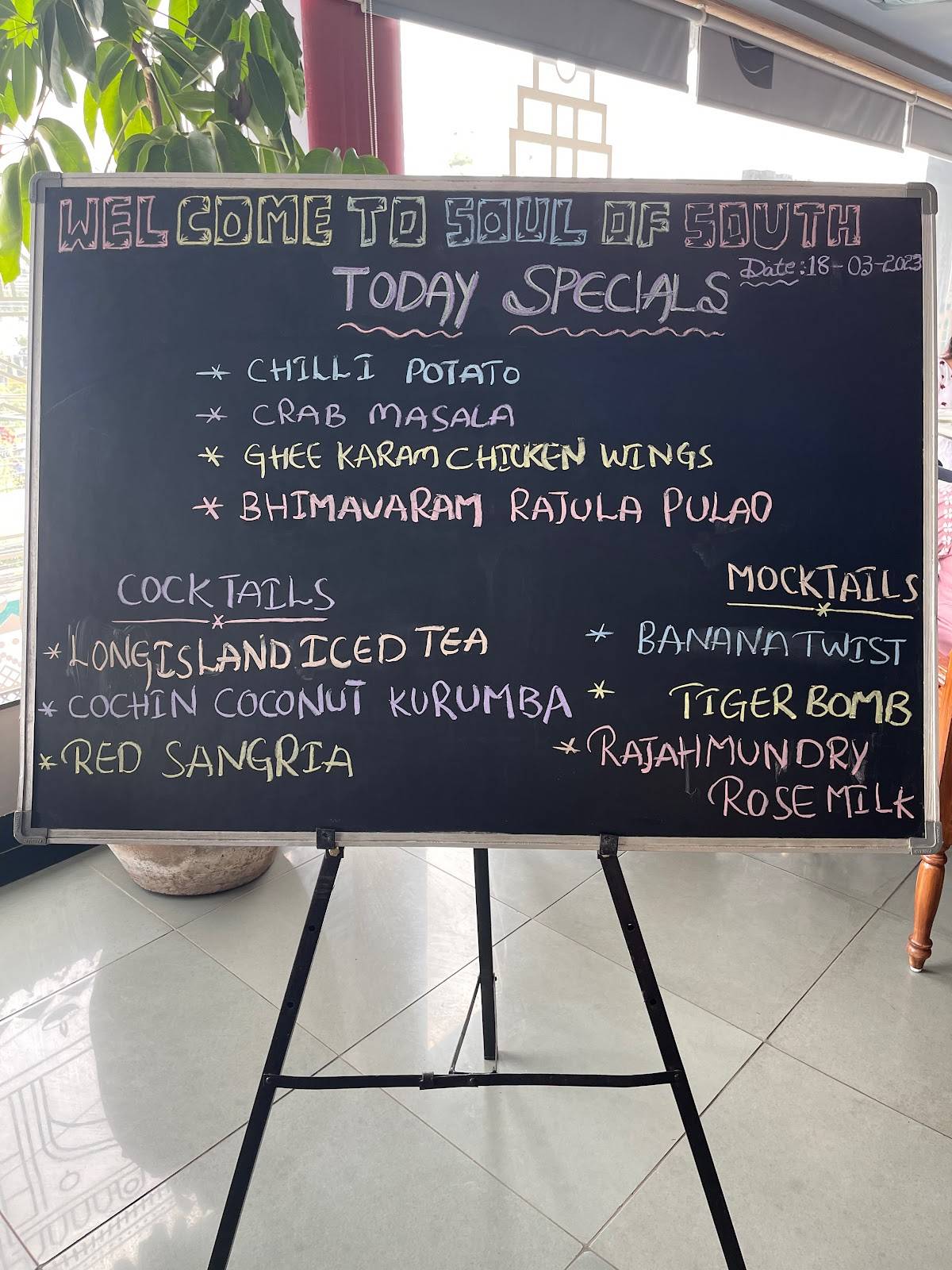 Menu at Soul of South, Hyderabad