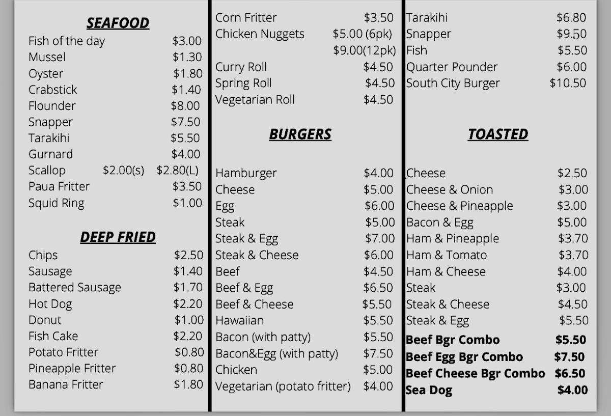 Menu at South City Takeaways restaurant, Auckland, 23 Princes St