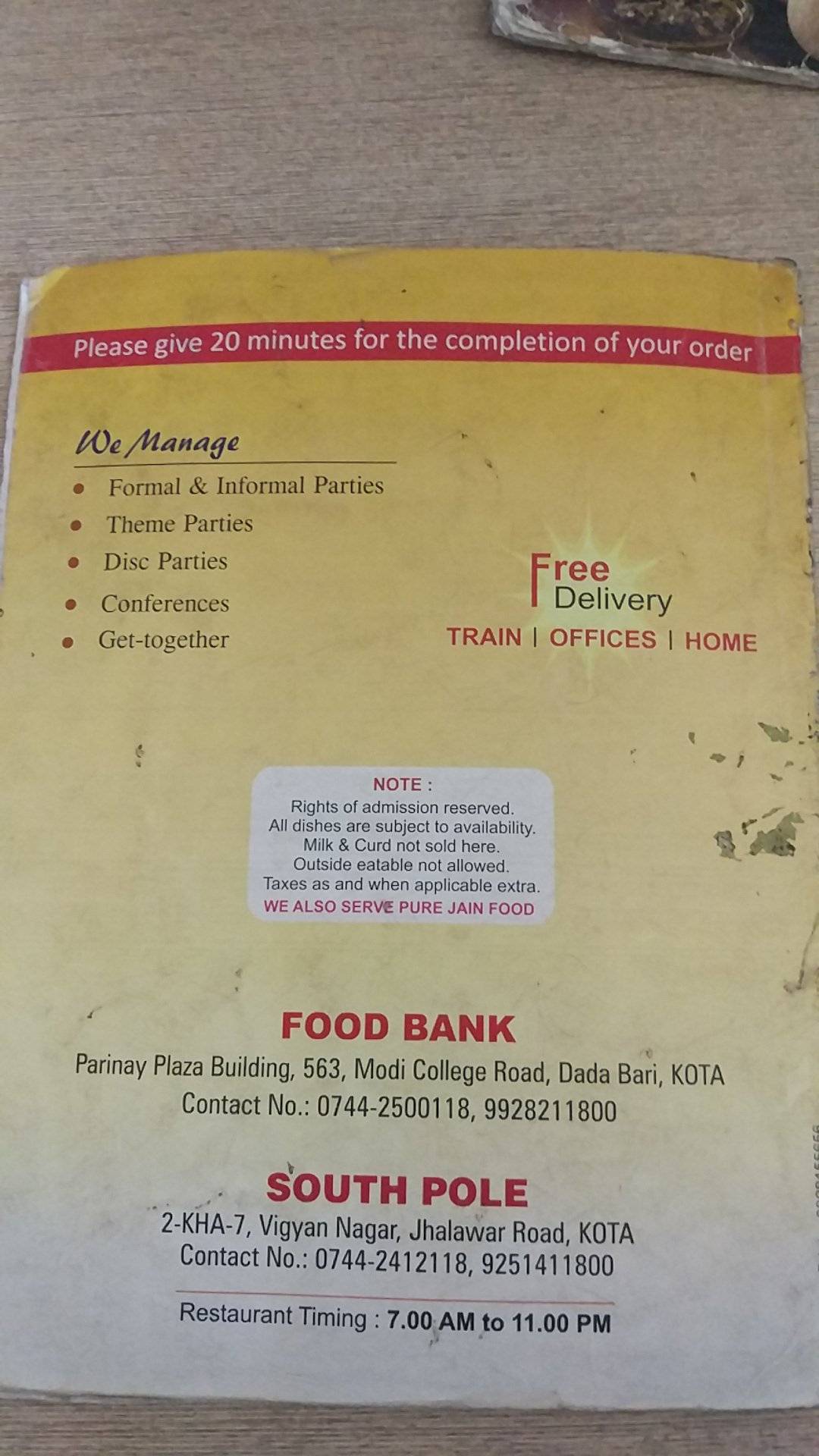 Menu at South Pole Cafe, Kota, 2-KHA-7