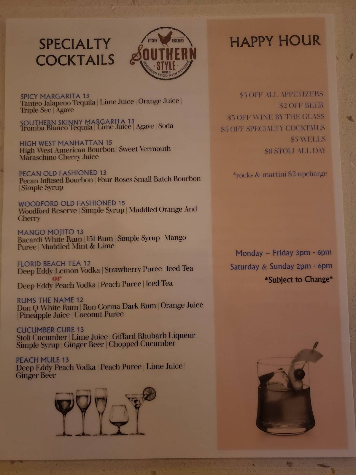 Menu at Southern Kitchen & Raw Bar, Naples