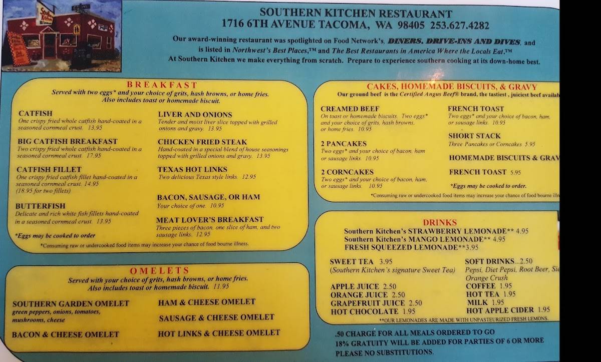 Menu at Southern Kitchen restaurant, Tacoma, 6th Ave
