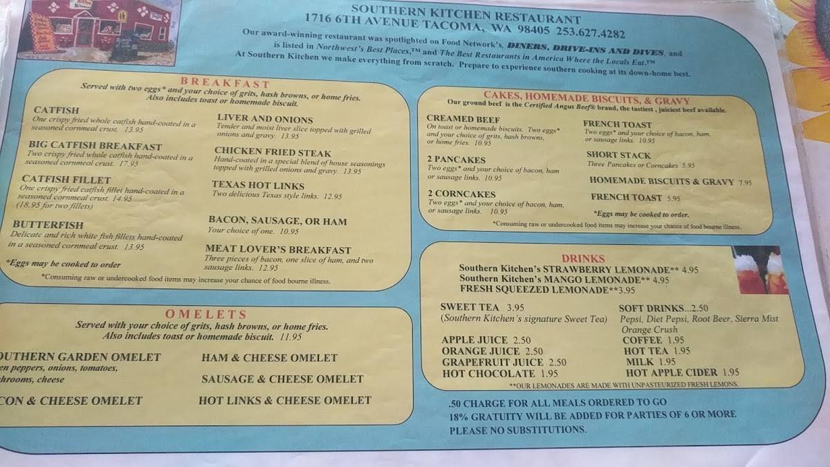 Menu at Southern Kitchen restaurant, Tacoma, 6th Ave