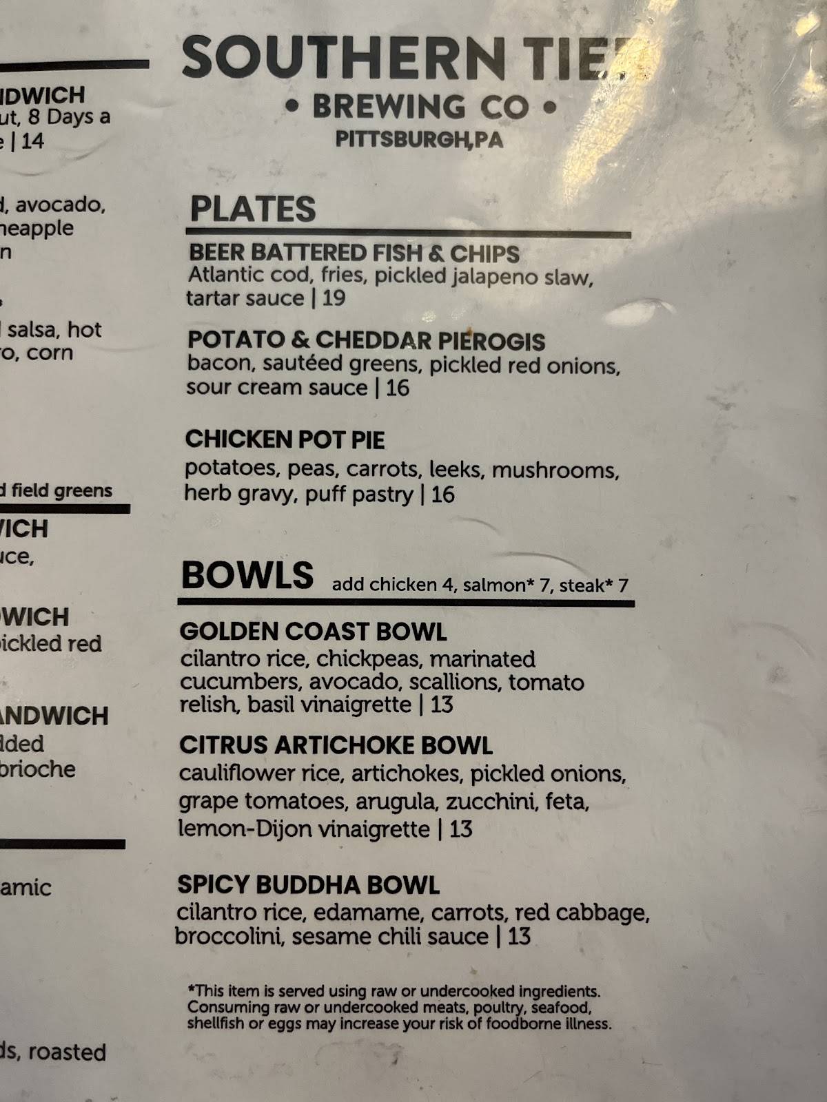 Menu at Southern Tier Brewery Pittsburgh restaurant, Pittsburgh