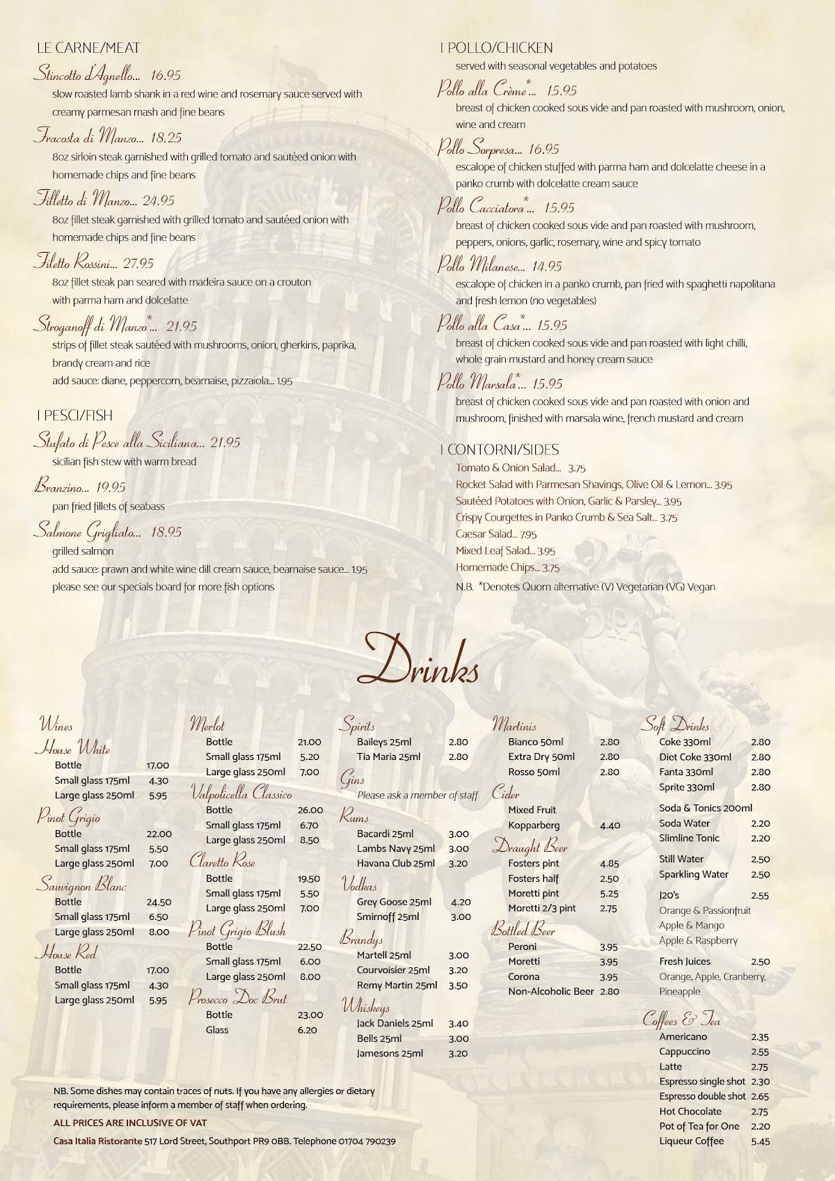 Menu at Casa Italia restaurant, Southport
