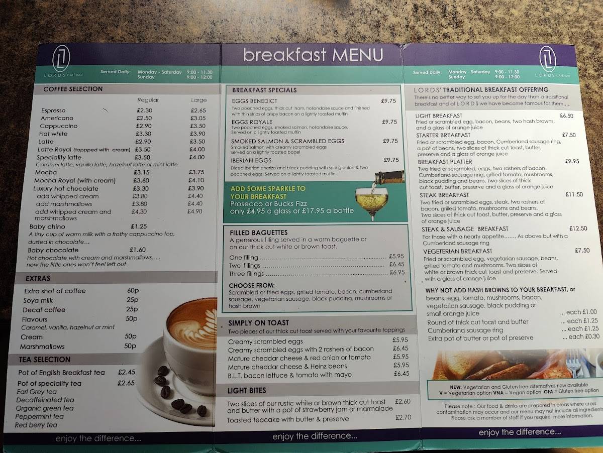Menu at Lords Cafe Bar, Southport