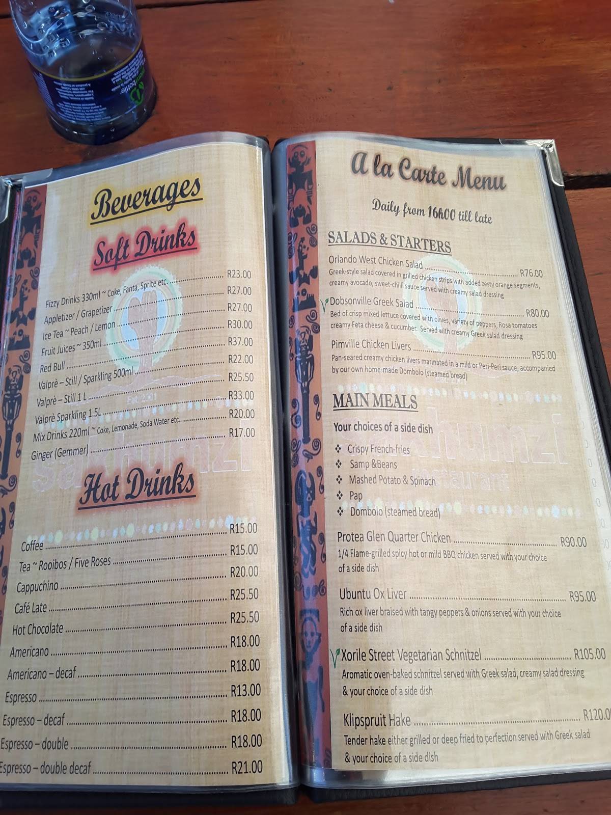 Menu at Sakhumzi Restaurant, Soweto
