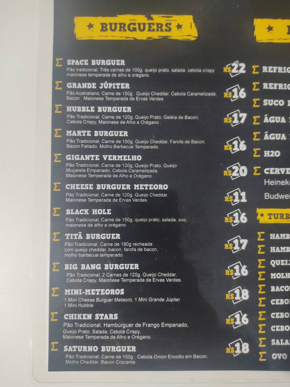 Menu em Space burger restaurante, João Pessoa