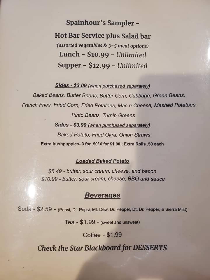 Menu at Spainhour Diner BBQ, South Boston