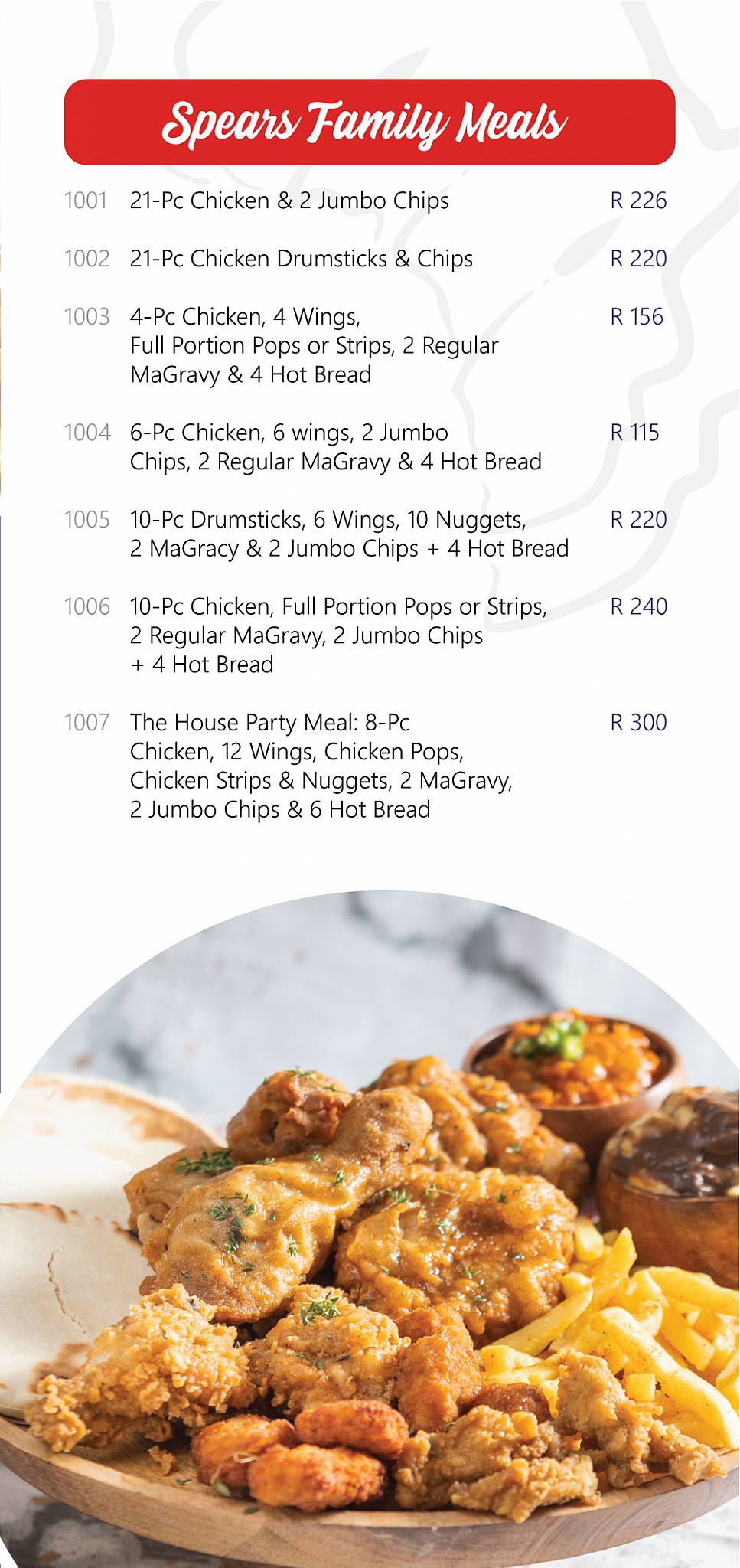 Menu at Spears Fried Chicken restaurant, Durban