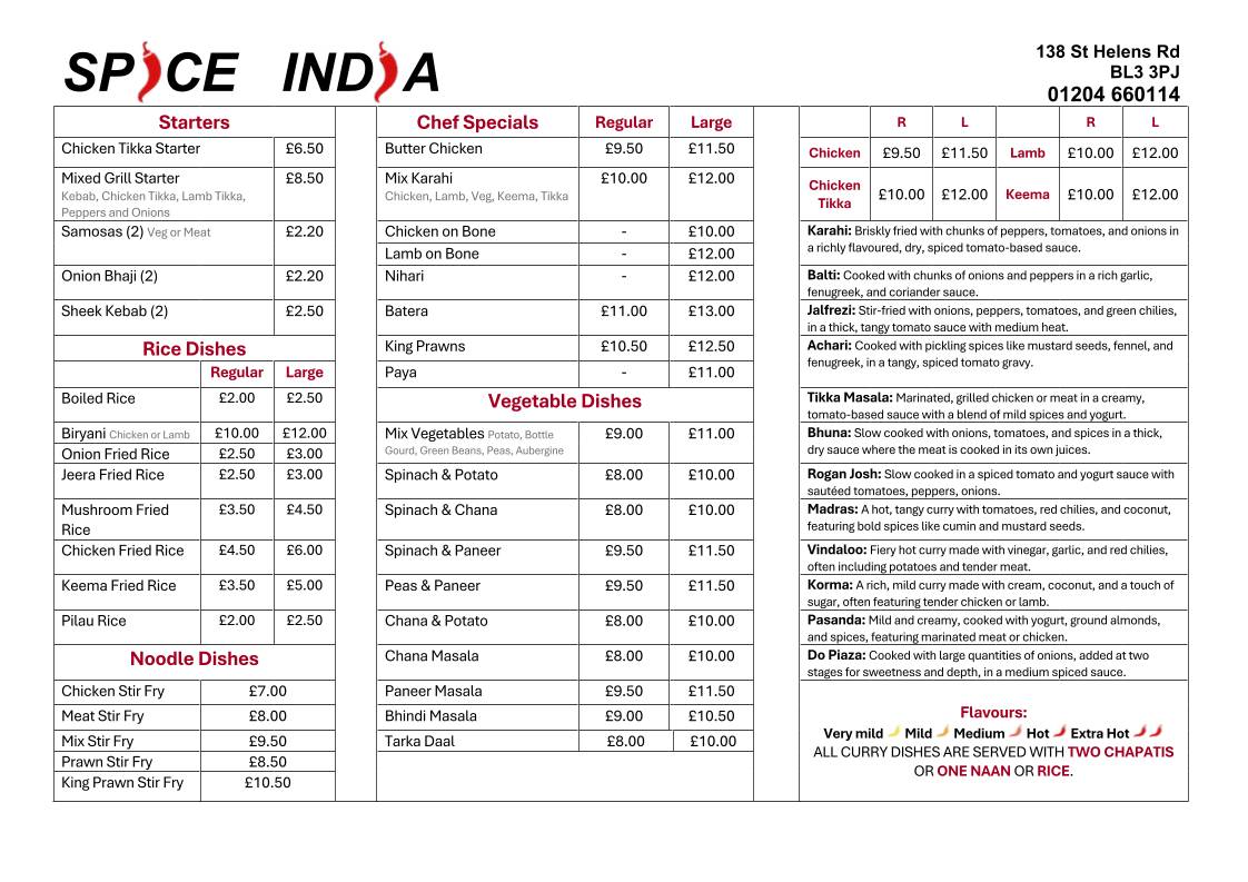 Menu at Spice India restaurant, Bolton, 138 St Helens Rd