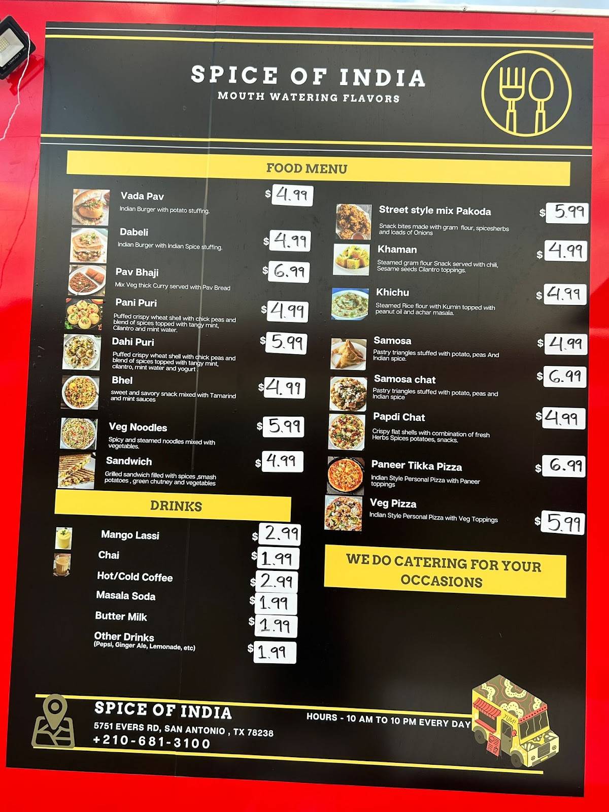 Menu at Spice of India, San Antonio