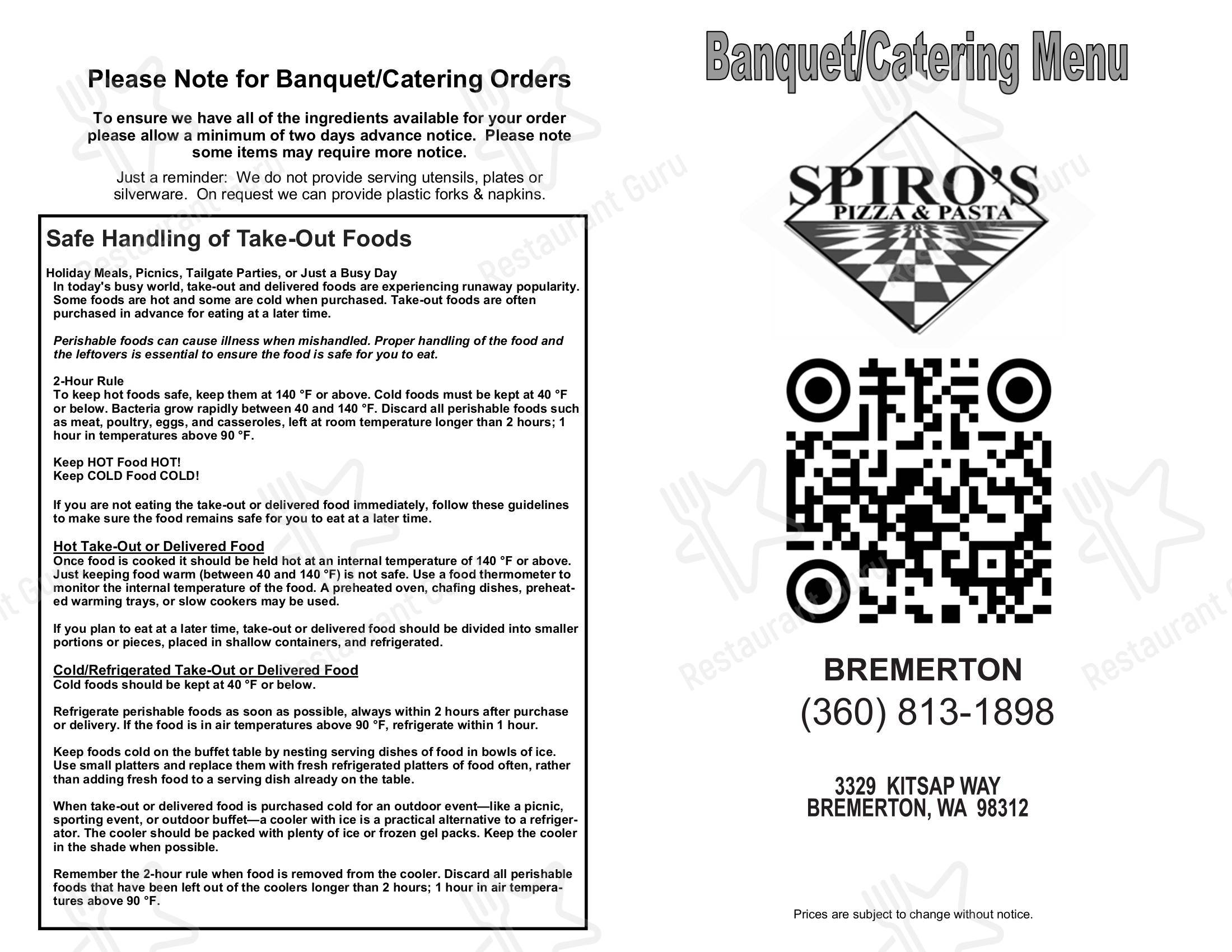 Menu at Spiro's Pizza & Pasta pizzeria, Bremerton