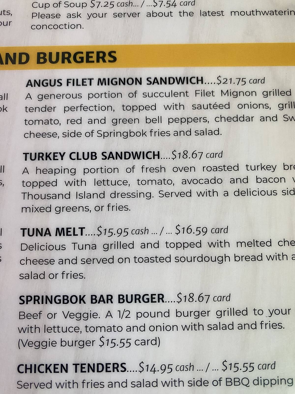 Menu at Springbok Bar & Grill, Los Angeles