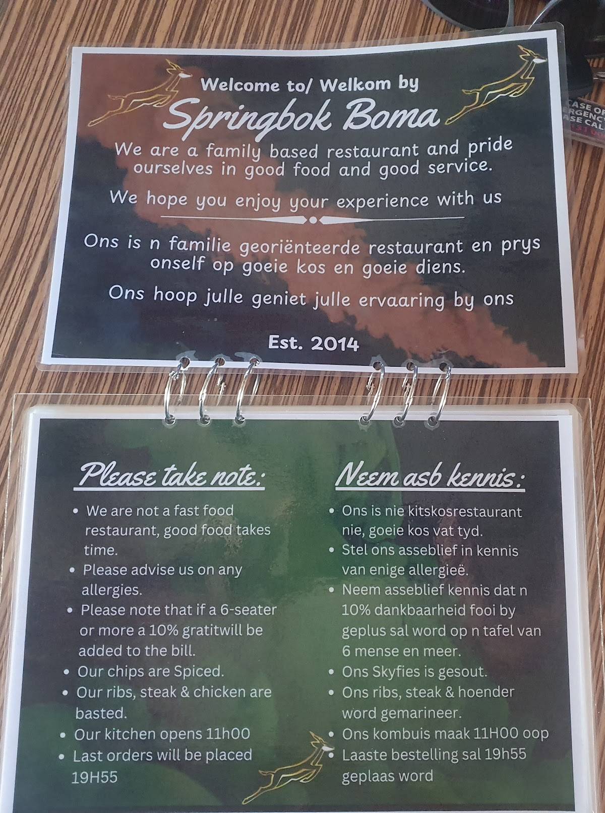 Menu at Springbok Boma restaurant, Bela-Bela
