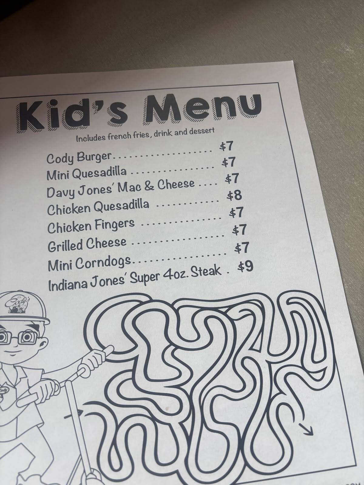 Menu at Cody's Gastro Garage restaurant, Springville