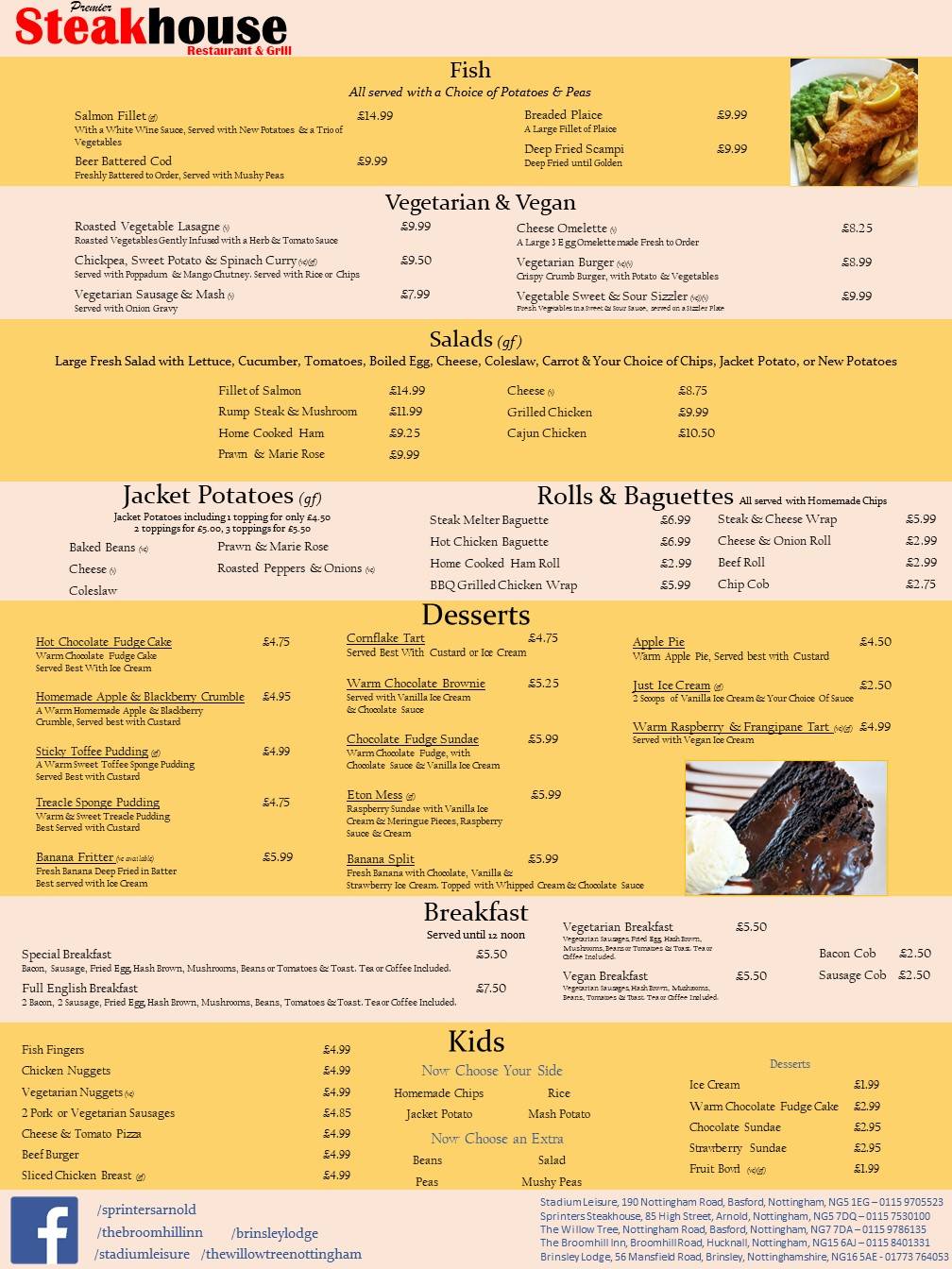 Menu at Sprinters Premier Steakhouse, Nottingham