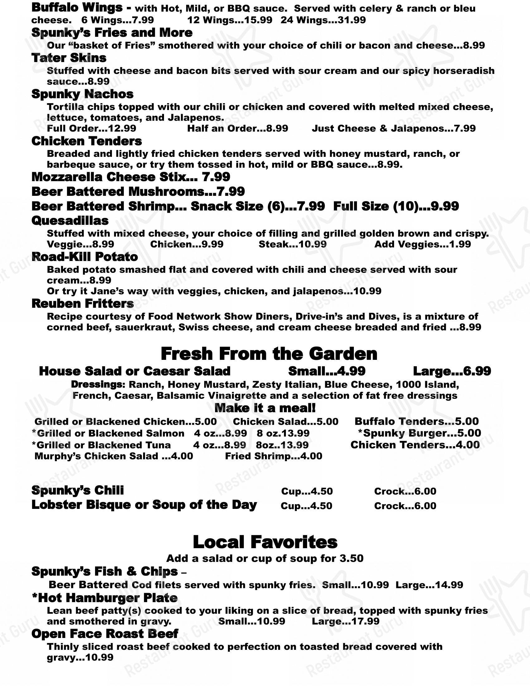 Menu at Spunky McDoogle's restaurant, New Bern, S Glenburnie Rd