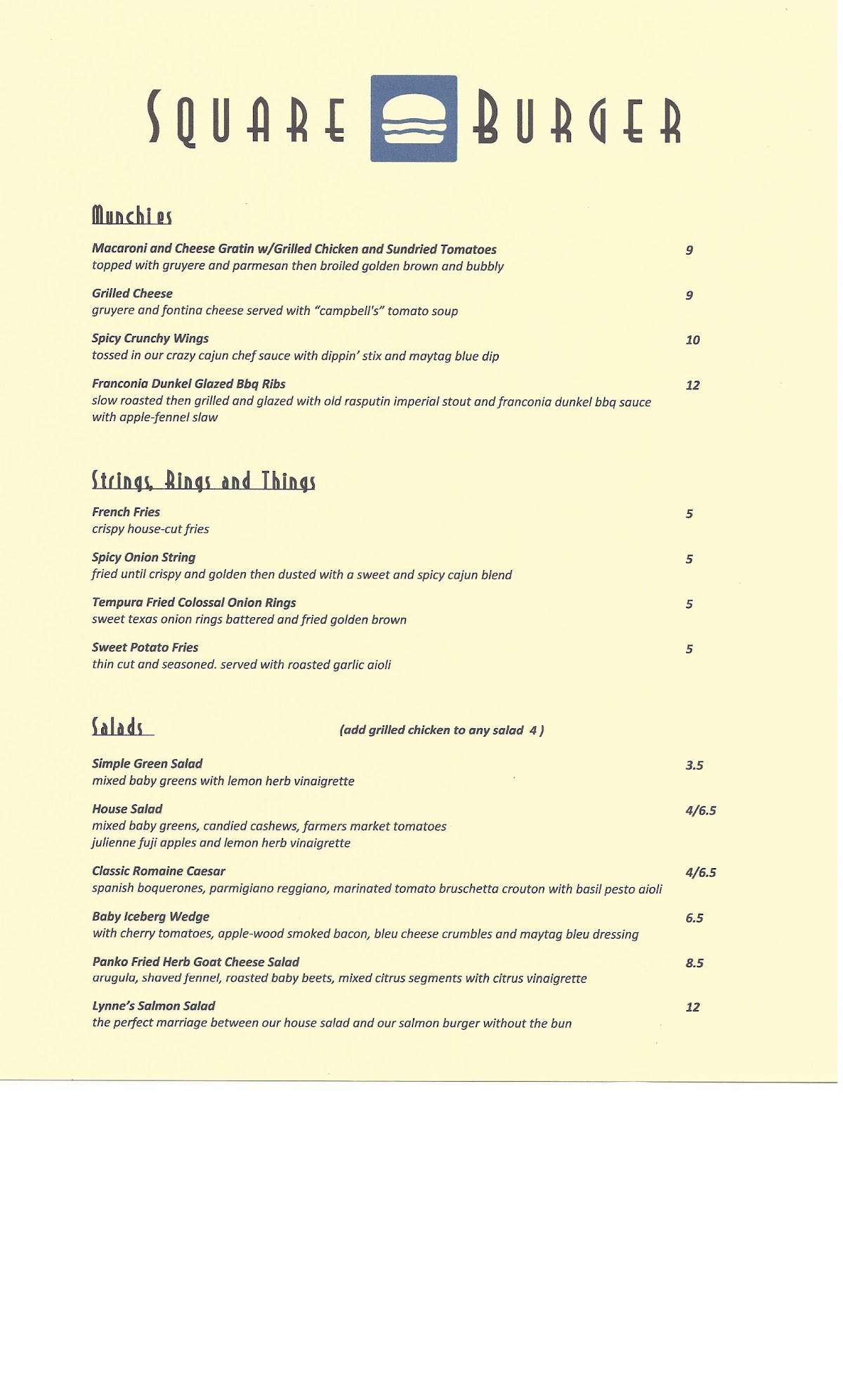 Menu at Square Burger restaurant, McKinney