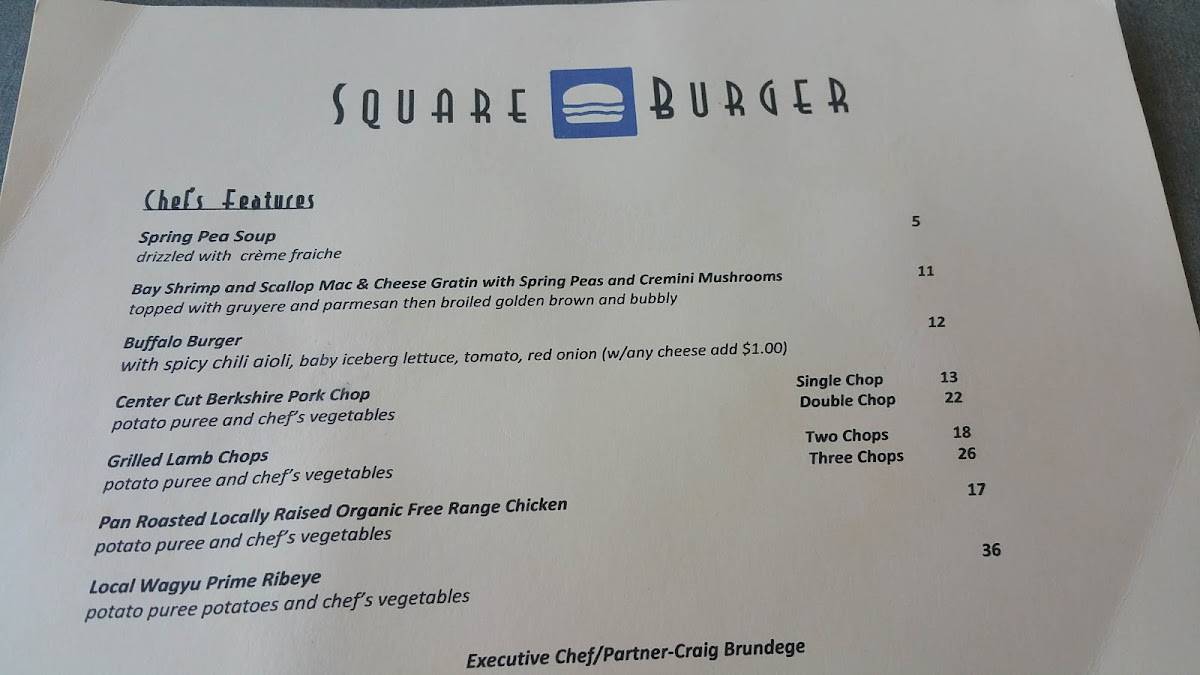 Menu at Square Burger restaurant, McKinney