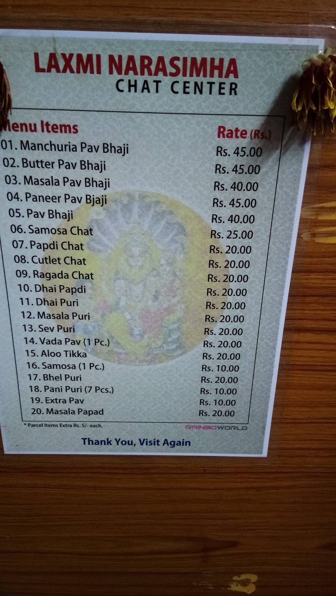 Menu at Sri Laxmi Narasimha Chat Bhandar, India