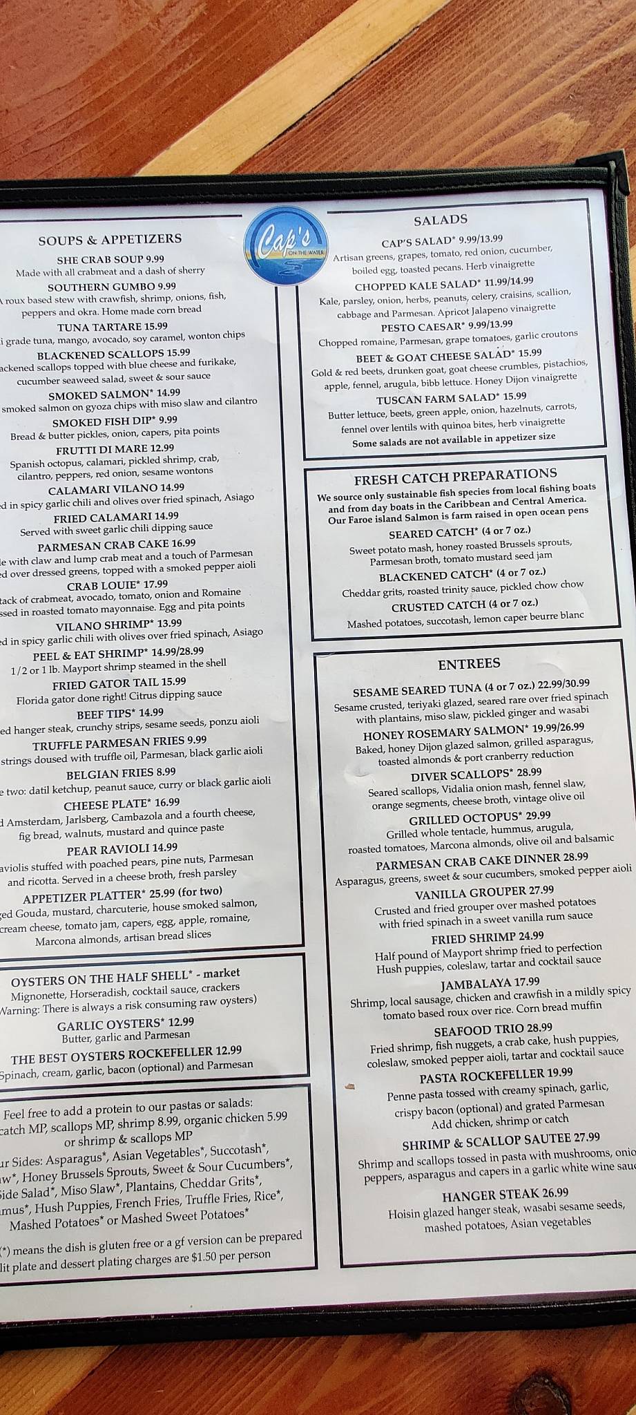 Menu at Cap's On the Water restaurant, Vilano Beach, Myrtle St
