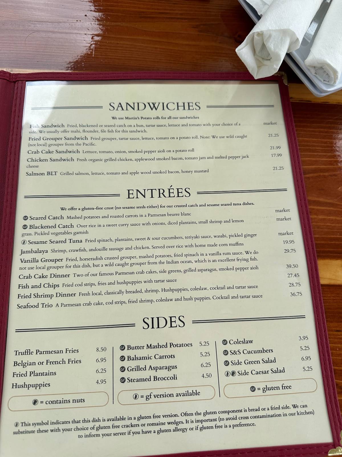 Menu at Cap's On the Water restaurant, Vilano Beach, Myrtle St