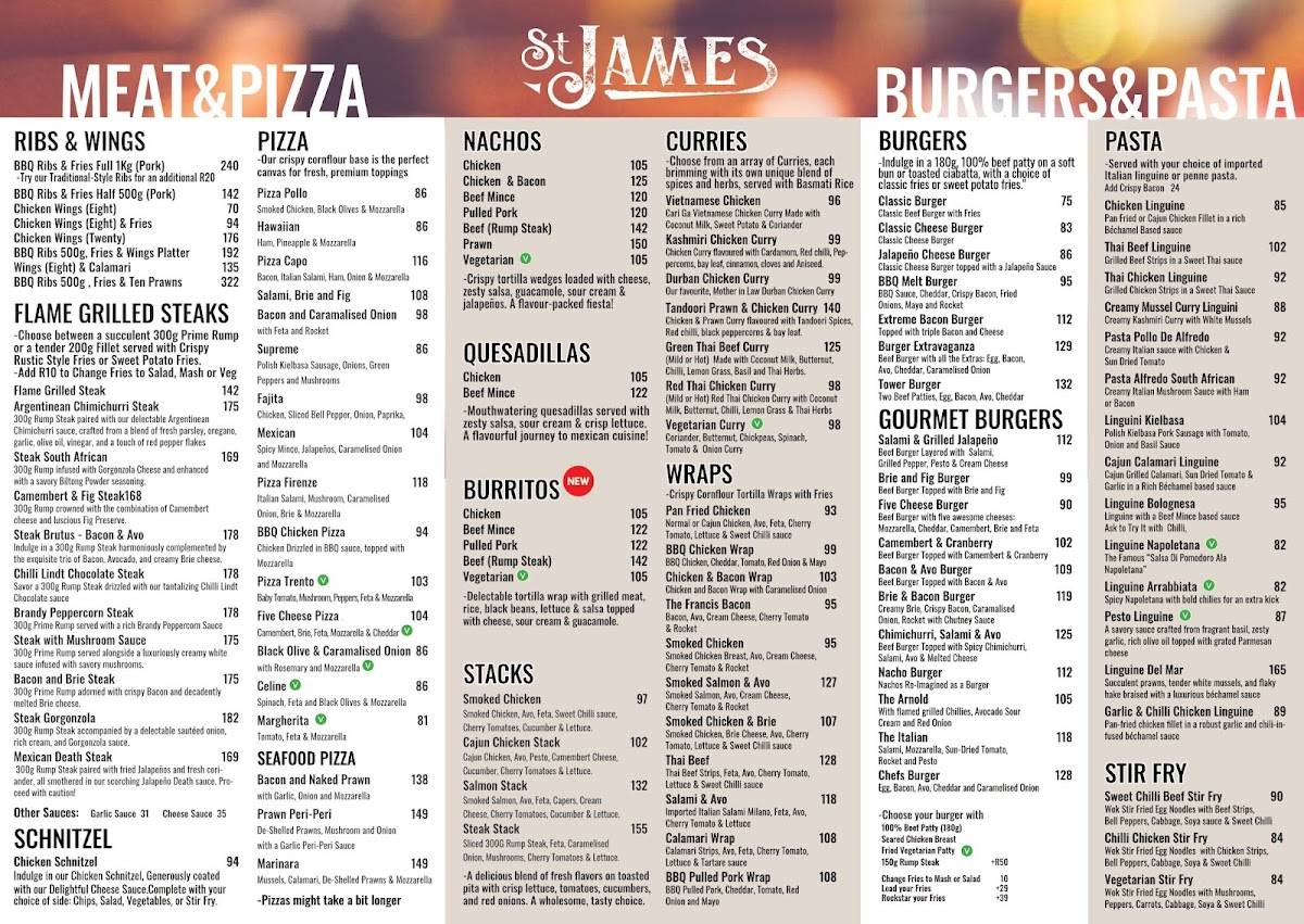 Menu at St James Restaurant, Walmer, Port Elizabeth