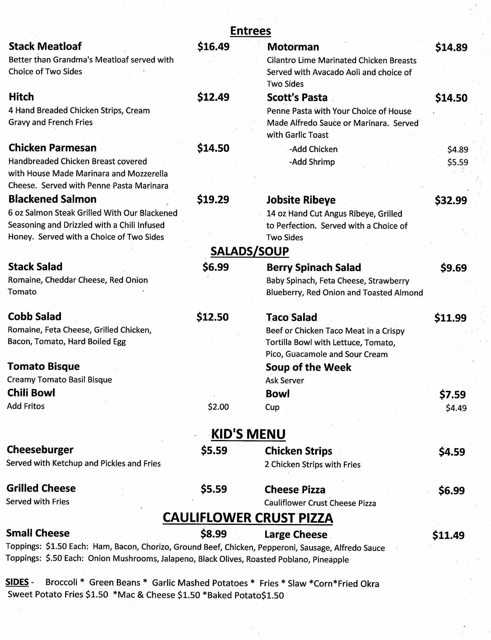Menu at Stack Grill, LLC restaurant, Kingfisher