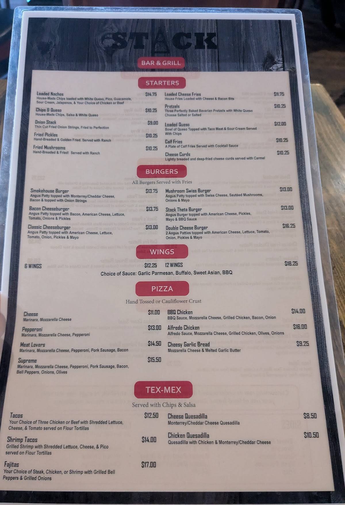 Menu at Stack Grill, LLC restaurant, Kingfisher