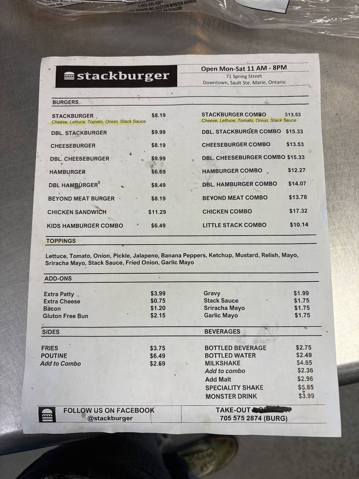 Menu at Stackburger restaurant, Sault Ste. Marie