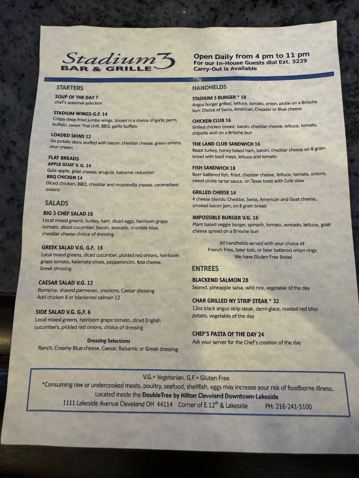 Menu at Stadium 3 Bar and Grille, Cleveland