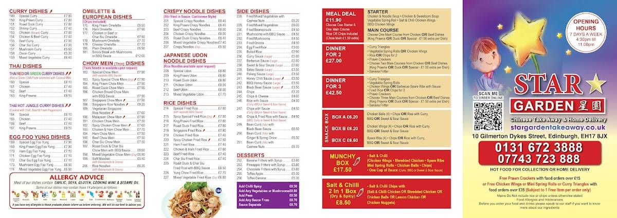 Menu at Star Garden restaurant, Edinburgh