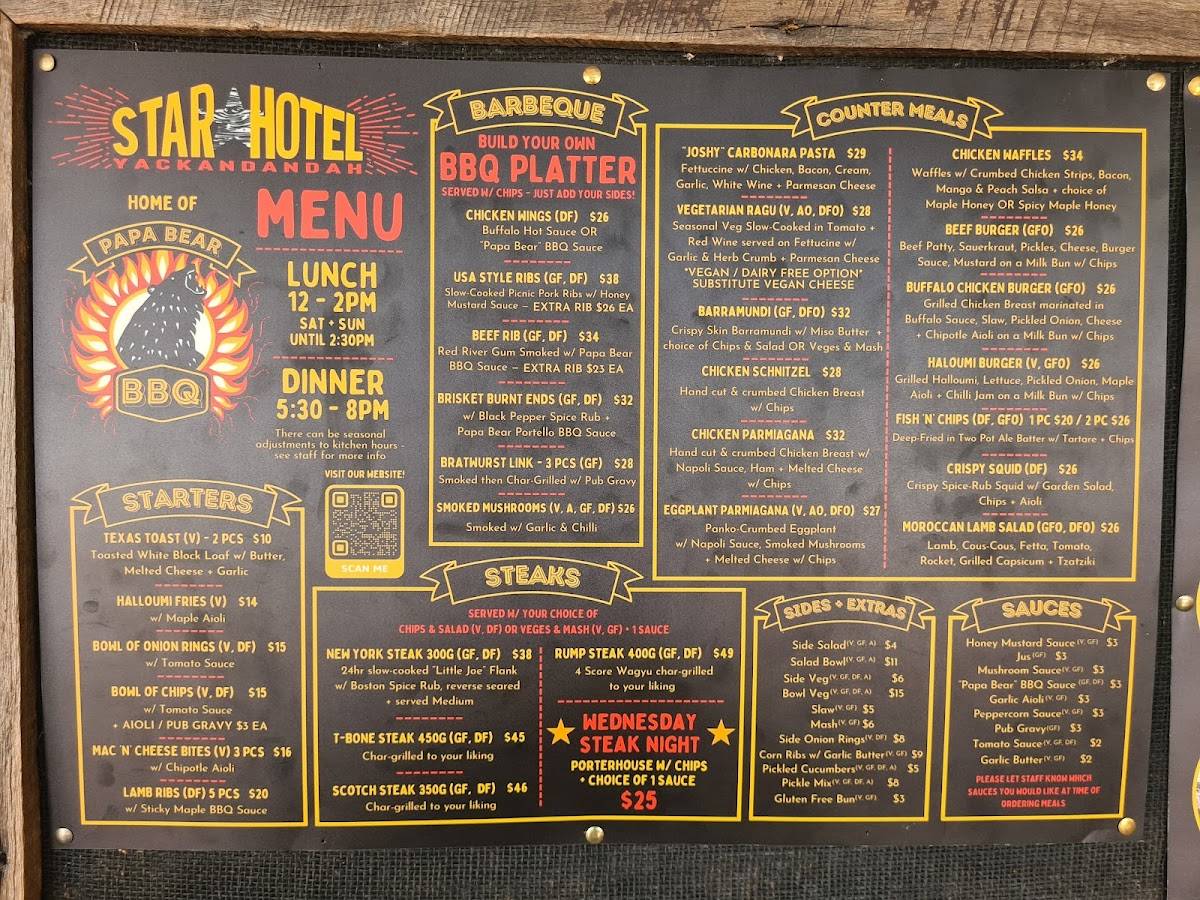 Menu at Star Hotel Yackandandah pub & bar, Yackandandah