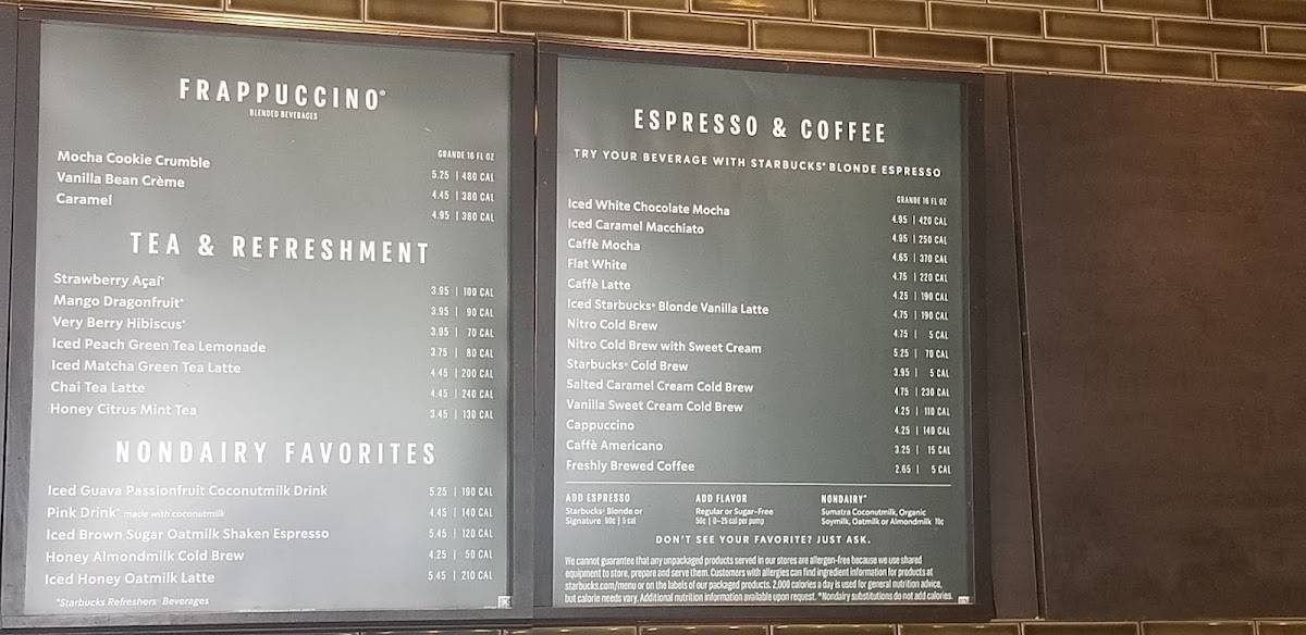 Menu at Starbucks restaurant, Flemington, 240 US-202